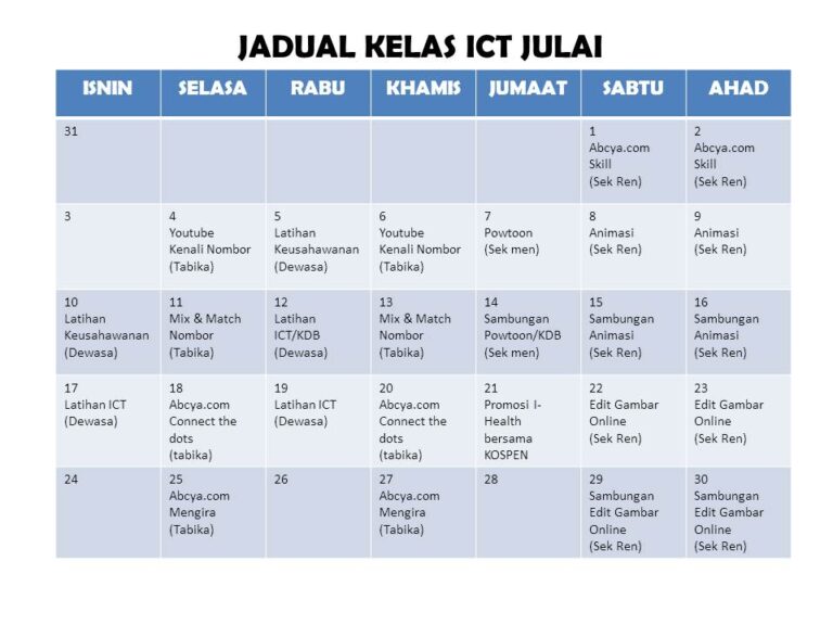 Jadual Aktiviti Julai 2021 – NADI Felda Sungai Tekam